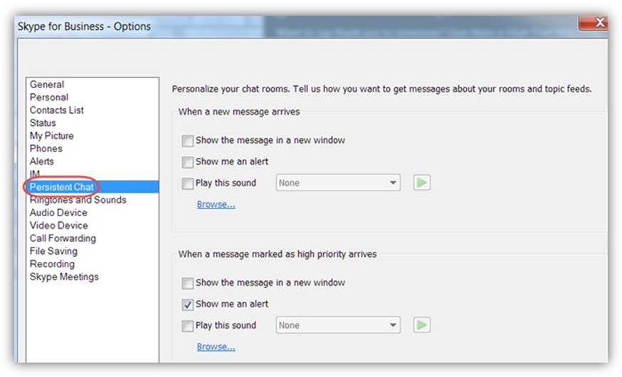 Setting notification options for Persistent Chat in Skype for Business ...