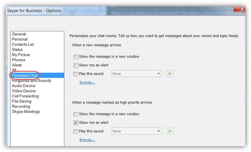 Setting notification options for Persistent Chat in Skype for Business ...