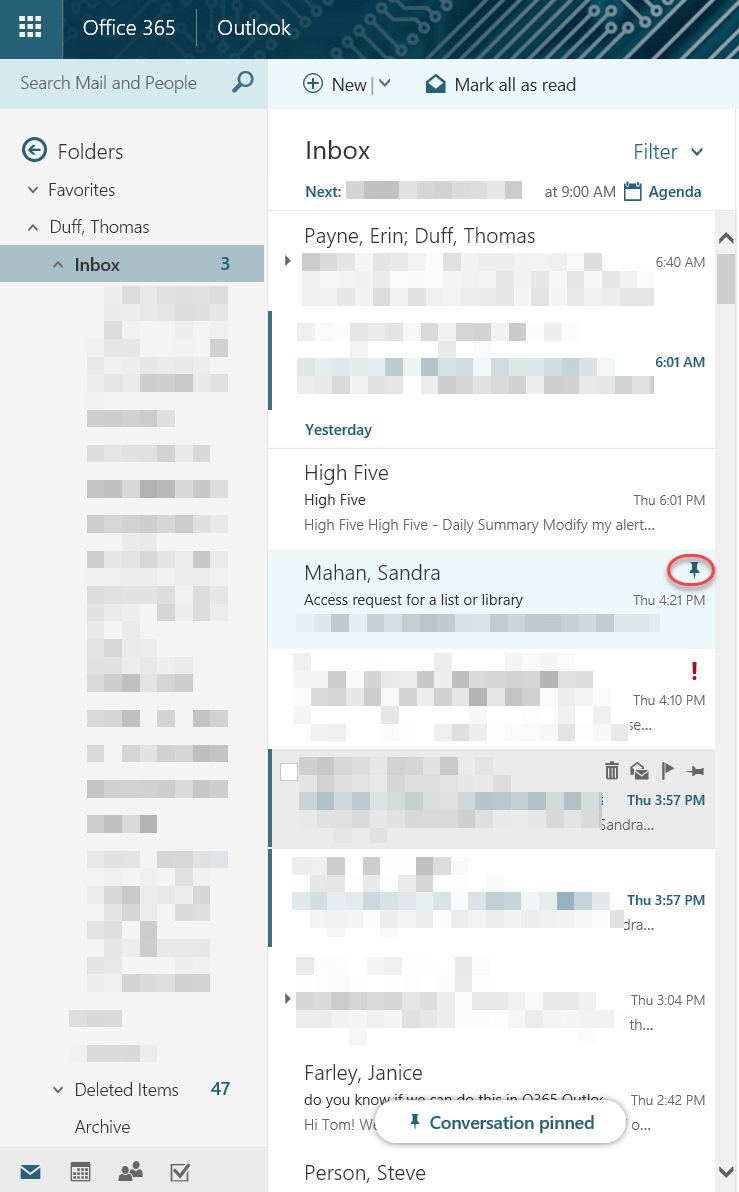 Pinning email messages in Outlook Online on Office 365 – One Minute ...