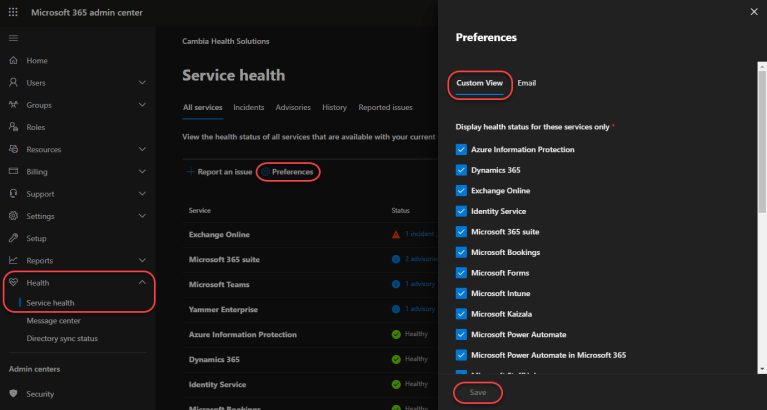 Customize your Service Health page in the Microsoft 365 Admin Center ...