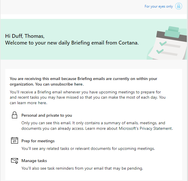 Cortana Daily Briefing emails – One Minute Office Magic