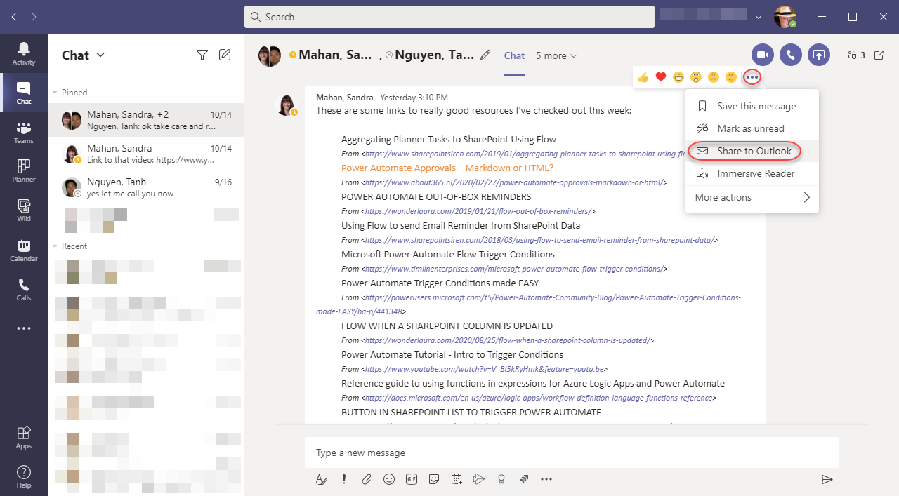 Sending a Microsoft Teams conversation item to Outlook – One Minute ...