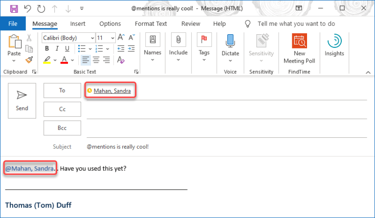 The @mention feature in Outlook – One Minute Office Magic
