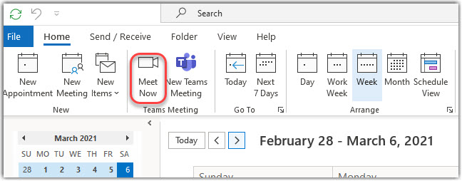 Starting an instant Microsoft Teams meeting with Outlook’s Meet Now ...