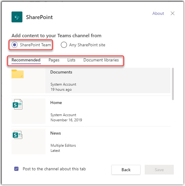 Using the Microsoft Teams SharePoint Tab to add pages, lists, or ...