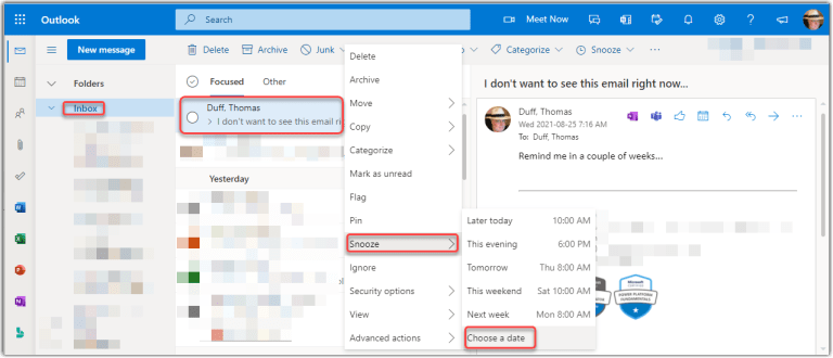 Snoozing emails in your browser-based version of Outlook – One Minute ...