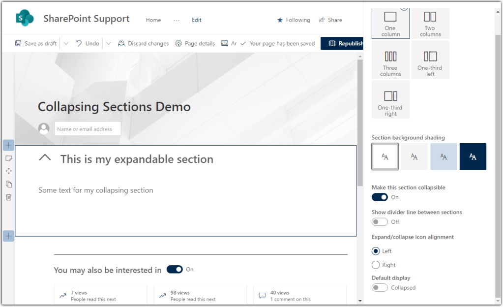 Adding Collapsible Sections on your modern SharePoint page – One Minute ...
