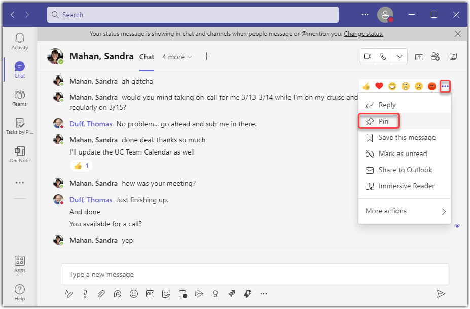 Pinning a chat message in Microsoft Teams – One Minute Office Magic