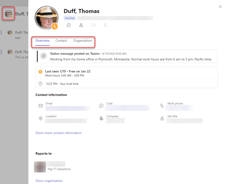 Expanded view of the profile card in Microsoft Teams – One Minute ...