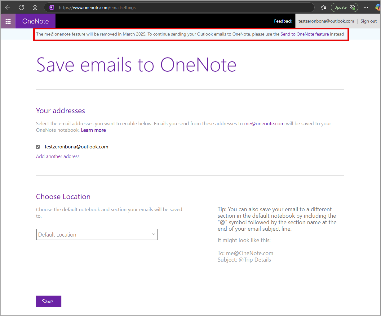 Microsoft OneNote: The “me@onenote” feature will retire; use “Send to ...