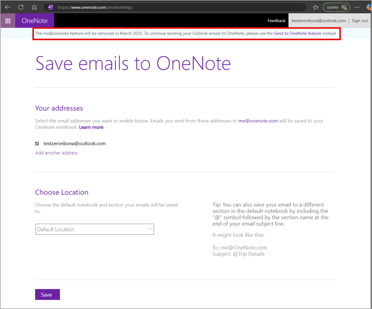 Microsoft OneNote: The “me@onenote” feature will retire; use “Send to ...