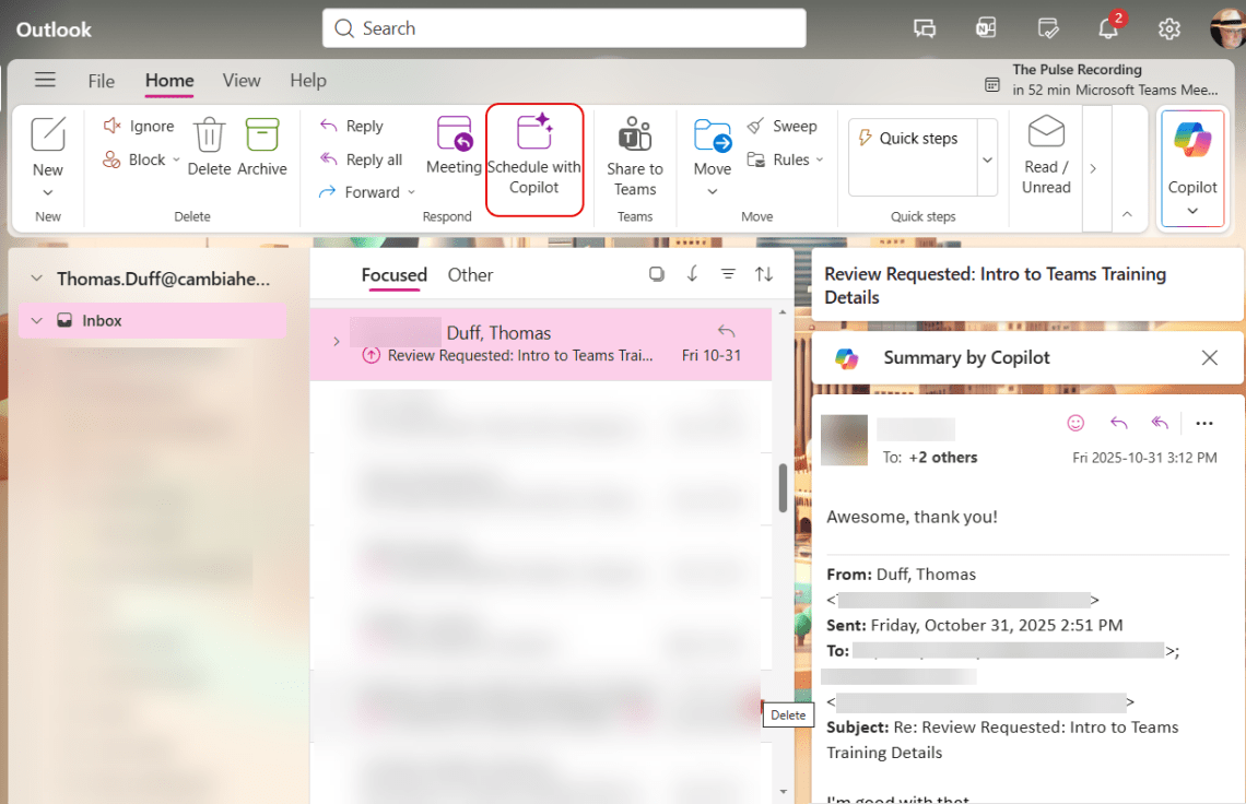 Using Copilot to create a meeting invite from an email thread – One Minute Office Magic